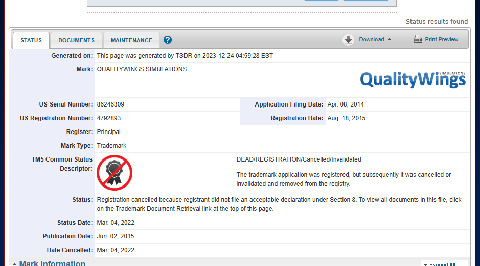QualityWings Simulations Trademark Expired - FSNews